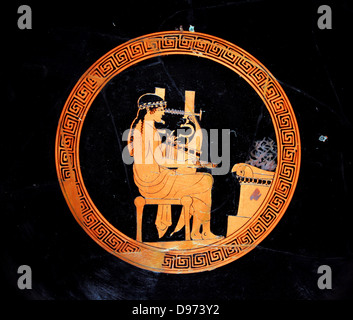 Red-figured kylix (drinking-cup) showing a youthful Apollo seated at an ...
