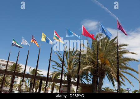 Flags of regions of Spain on flagpoles against blue sky Stock Photo - Alamy