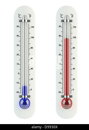 Red and blue thermometers 3D render illustration isolated on white ...