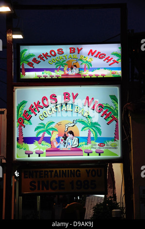 'Pefkos by Night' cocktail bar sign at dusk, Pefkos, Rhodes (Rodos ...