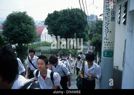 Japanese middle school students go to school in the morning in Odawara ...