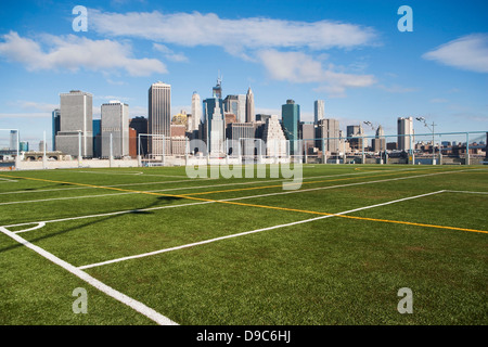 Soccer fields and Lower Manhattan skyline, New York City, USA Stock ...