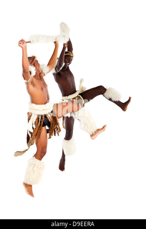 Zulu men performing a traditional dance in an open air museum, South ...