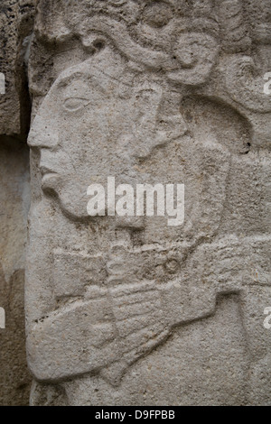 Mexico, Chiapas, Palenque, Carved stone slab depicting the priests head ...