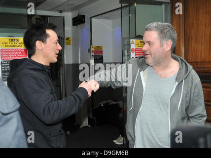 Dave Vitty, aka Comedy Dave, and Chris Moyles congratulate each other ...