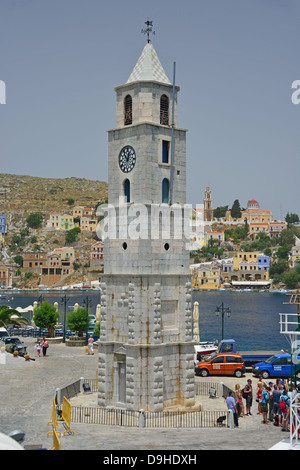 Clock tower on waterfront, Symi Harbour, Symi (Simi), Rhodes (Rodos ...