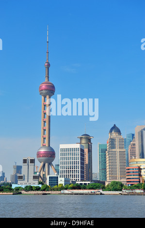Shanghai urban skyline with blue clear sky over Huangpu River Stock ...