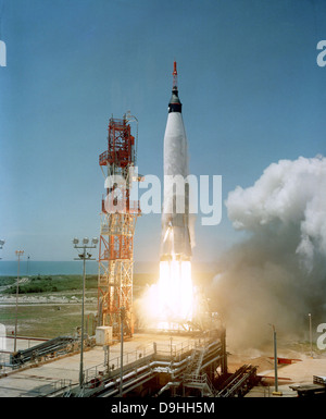 The Mercury Atlas 1 rocket lifting off from Cape Canavral in Florida ...