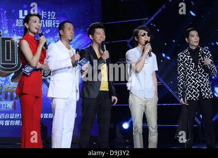 Yang Kun and boy group Yu Quan at press conference of Chinese Duets in Beijing, China on ...
