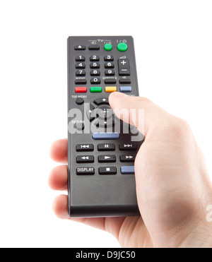 Hand pressing remote control isolated on white background Stock Photo ...
