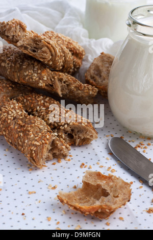 sesame seed milk in glass on textile background with plant. copy space ...