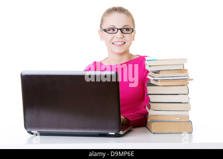 Student teenager schoolgirl with laptop on isolated background. Online ...