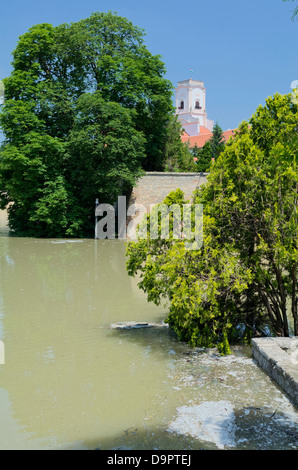 Flooding Raba River at Bishop Castle Walls in Gyor, Hungary Stock Photo ...