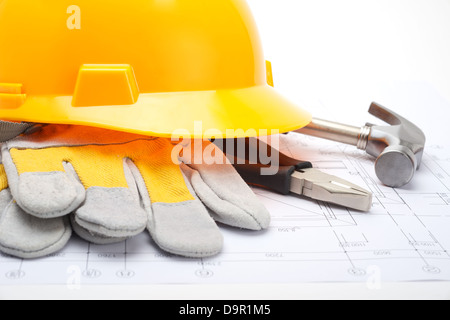 Various construction tools on blueprint Stock Photo - Alamy