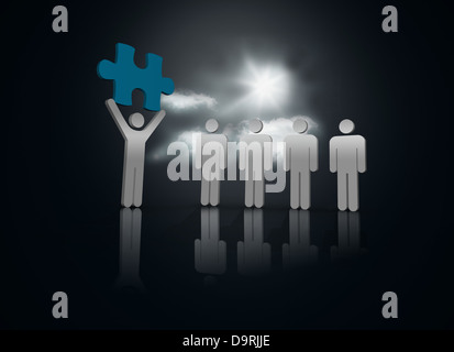 Character showing blue jigsaw piece to others Stock Photo - Alamy