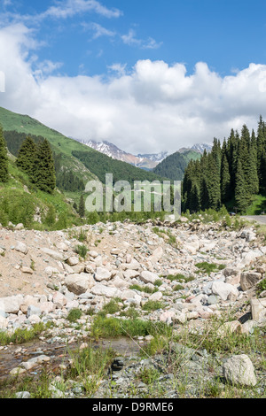 Road on Big Almaty Lake, nature green mountains and blue sky in Almaty ...