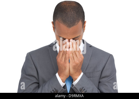 Man holding head between hands screaming Stock Photo - Alamy