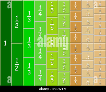 Graphic illustrating fractions from a whole through to one twelfth ...