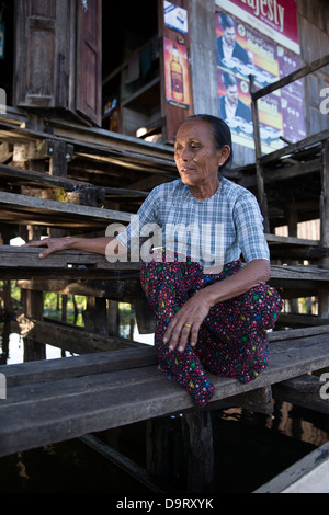 Burma, Myanmar, old woman, with wrinkled tanned skin and white hair ...