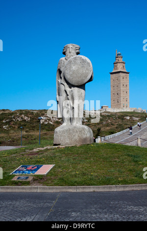 View of stone sculpture of Breogán with The Tower of Hercules (Spain ...