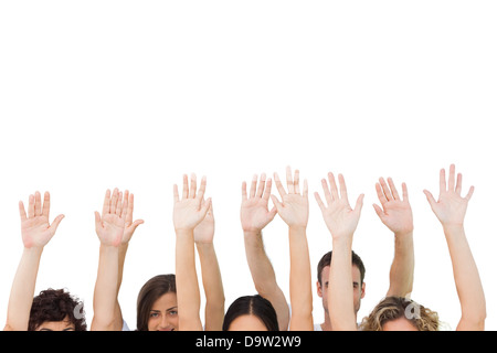 Group Of A Young Successful People Raising Hand Over White Background ...
