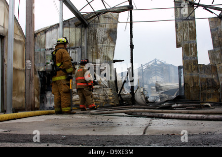 Firefighters working a scene to douse a fire in a greenhouse. Burnt ...