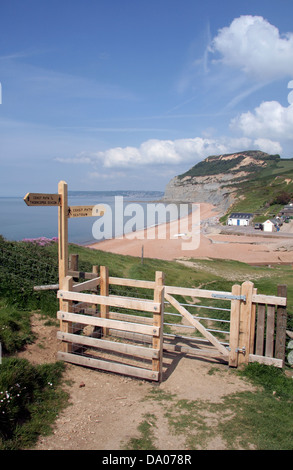 Coast Path signing Golden Cap and Anchor Inn Seatown Dorset England UK ...