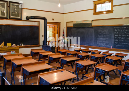 Old style classroom desks in replica of 1800s era one room Stock Photo ...