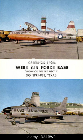 The Webb Air Force Base postcard features the main gate of the base, a ...