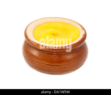 Creamy yellow mustard sauce in decorative white ceramic bowl ...