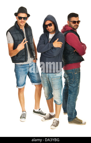 Group of three hip hop guys with pitbull dog isolated on white ...