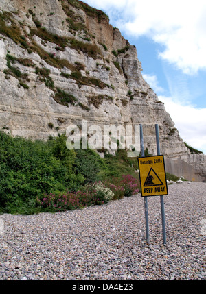A danger sign warning about unstable cliffs and falling rocks on the ...