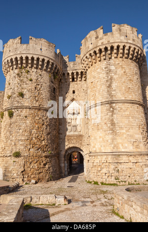 Marine Gate, entrance to medieval city of Rhodes, Greece Stock Photo ...