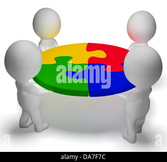 Puzzle Solved And 3d Characters Shows Unity And Teamwork Stock Photo ...