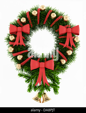 Christmas holiday wreath in gold ornament hanging from pine tree branch ...