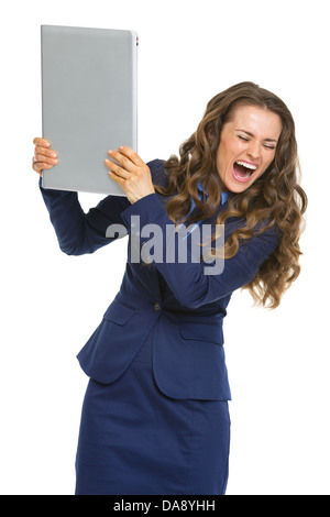 Business, angry and woman breaking laptop, stress and frustrated ...