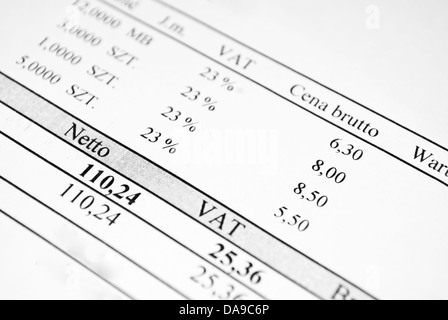 Invoice sheet with gross and net prices and vat tax value Stock Photo ...