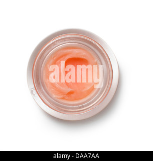 Red lip balm and blush cream opened jar isolated on white background ...