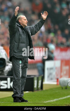 Werder Bremen's head coach Thomas Schaaf shown at a press conference in ...