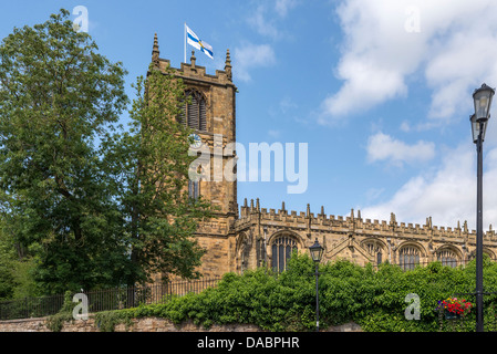 St. Marys Parish Church, Mold, Wales, UK. A medieval church clock tower ...