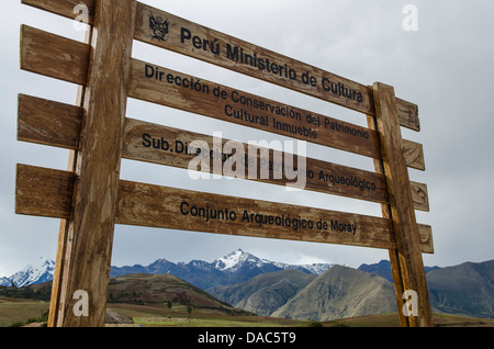 Entrance sign at ancient Moray Incan terraced agricultural laboratory ...
