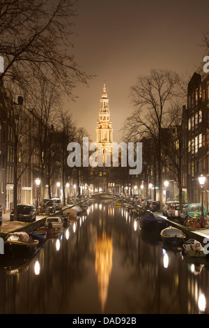 Evening Amsterdam canal Groenburgwal with Zuiderkerk, southern church ...