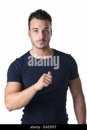 Confident attractive guy pointing at himself, show-off or brag ...