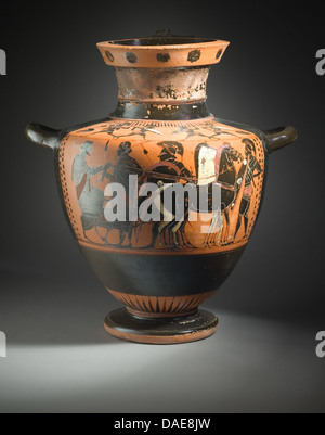 Black figure hydria (vessel for water ) depicting a quadriga (four ...