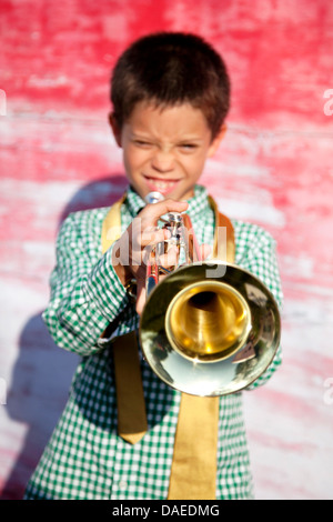 Youth Music Trumpet Boy Playing Horn Blue Sky Background Stock Photo ...