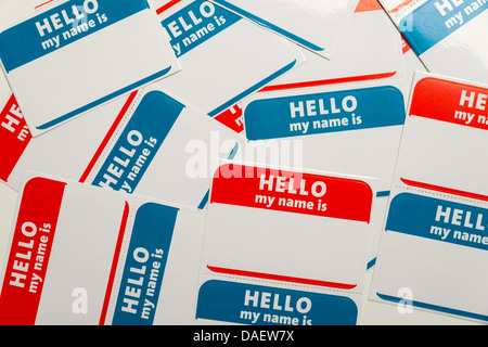 A stack of blue and red "Hello, my name is" name tags or badges Stock ...