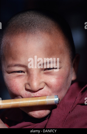 Buddhist monk playing a tibetan flute inside Sakya monastery, Tingri ...