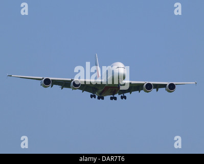 Emirates double-deck jet airliner Airbus A380 landing in Prague after a ...