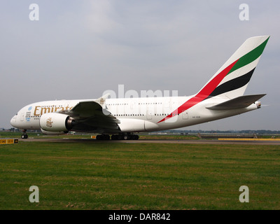Emirates double-deck jet airliner Airbus A380 landing in Prague after a ...