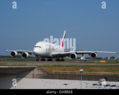 Emirates double-deck jet airliner Airbus A380 landing in Prague after a ...